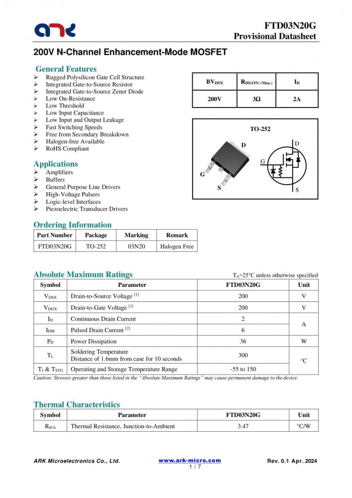 FTD03N20G datasheet page 1