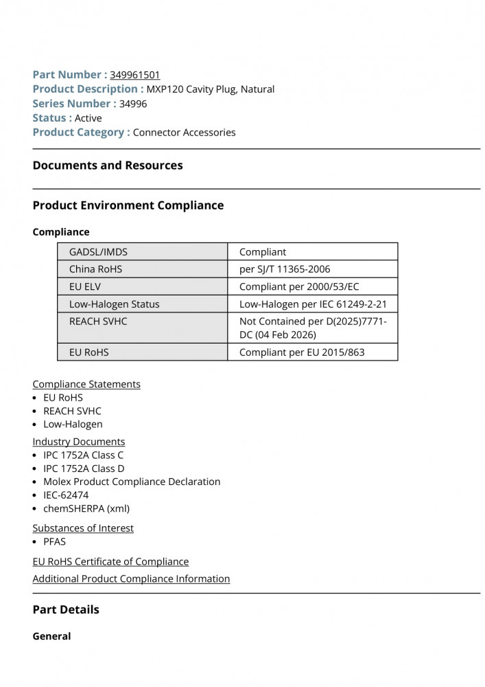 MOLEX 349961501 technical document image, page 1