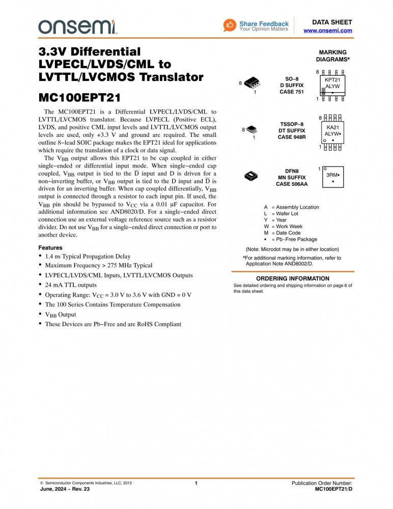 MC100EPT21 datasheet preview, page 1
