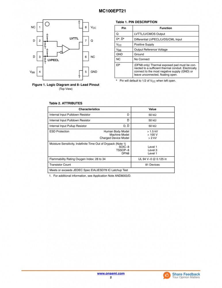 MC100EPT21 datasheet preview, page 2