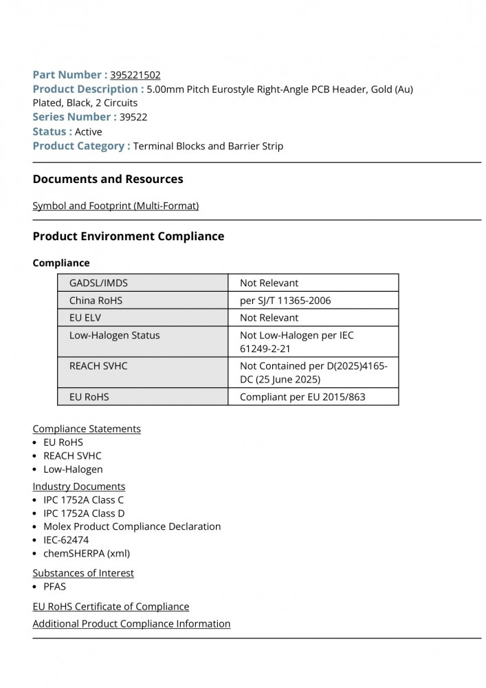 MOLEX 395221502 technical document page 1