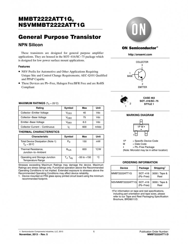 MMBT2222ATT1G datasheet page 1