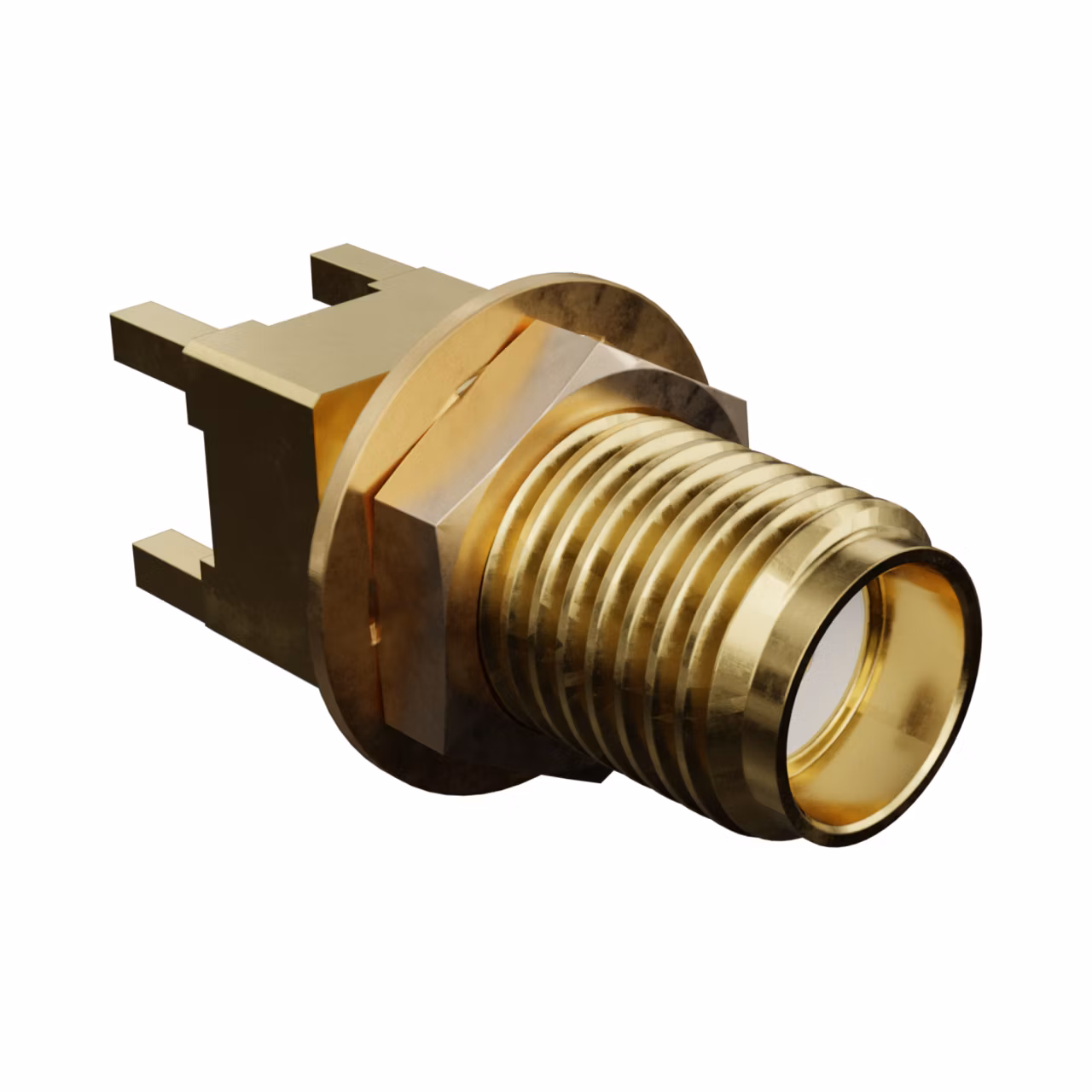 SMA Jack, Straight, Bulkhead Receptacle, Through Hole, Brass Body, Gold (Au) Plated, Jam Nut and Lockwasher Included, Tray, 50 Ohms for sale