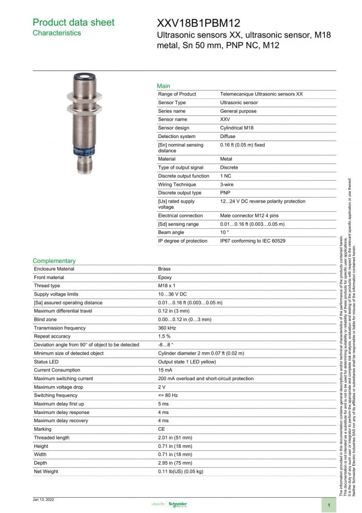 XXV18B1PBM12 technical document page 1