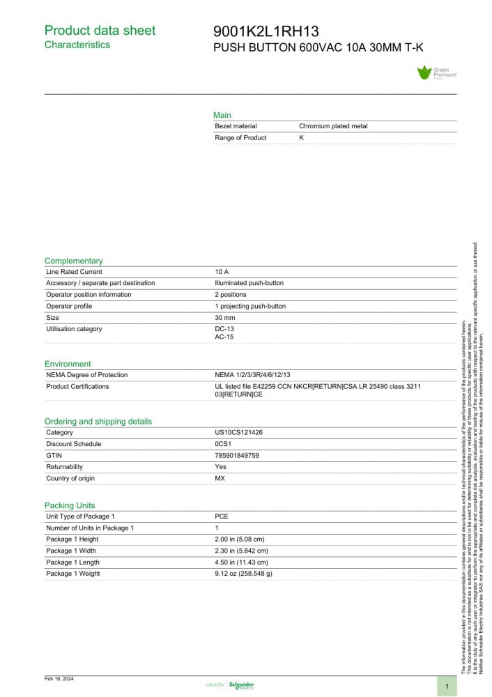 9001K2L1RH13 technical document page 1