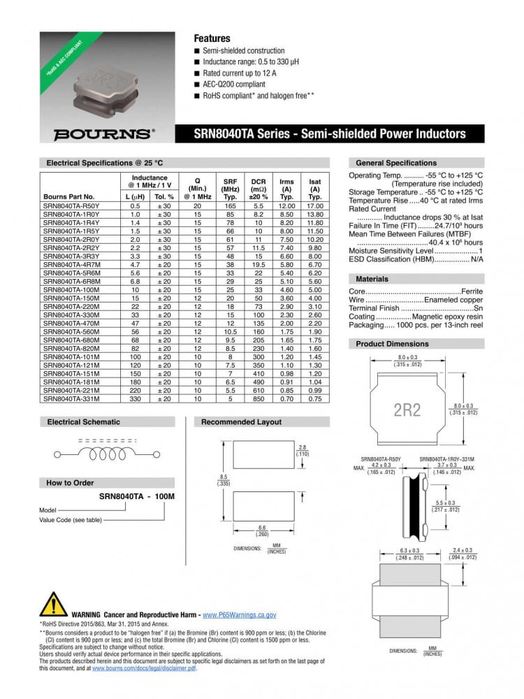 BOURNS SRN8040TA-100M datasheet page 1