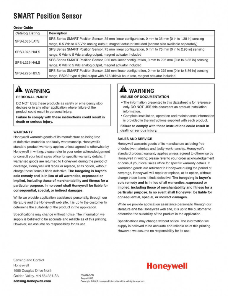 Honeywell SMART Position Sensor datasheet page 8