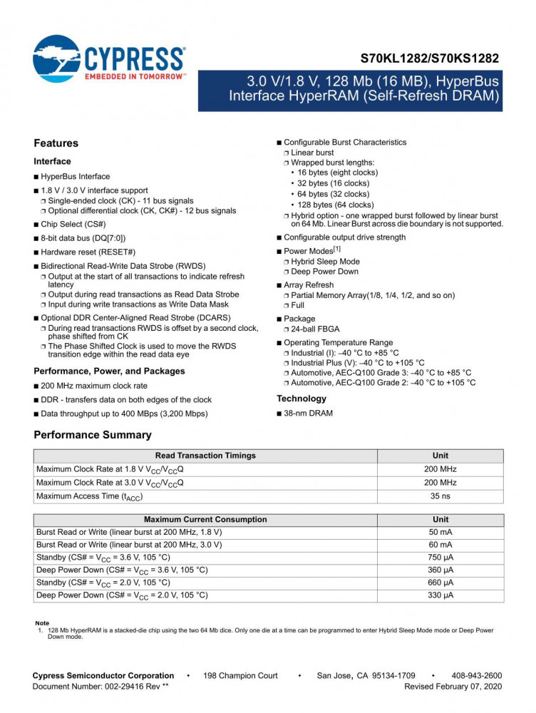 Infineon HyperRAM datasheet page 1