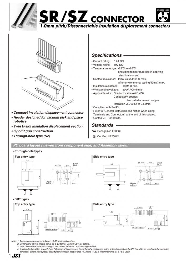 JST SR/SZ connector catalog page 1