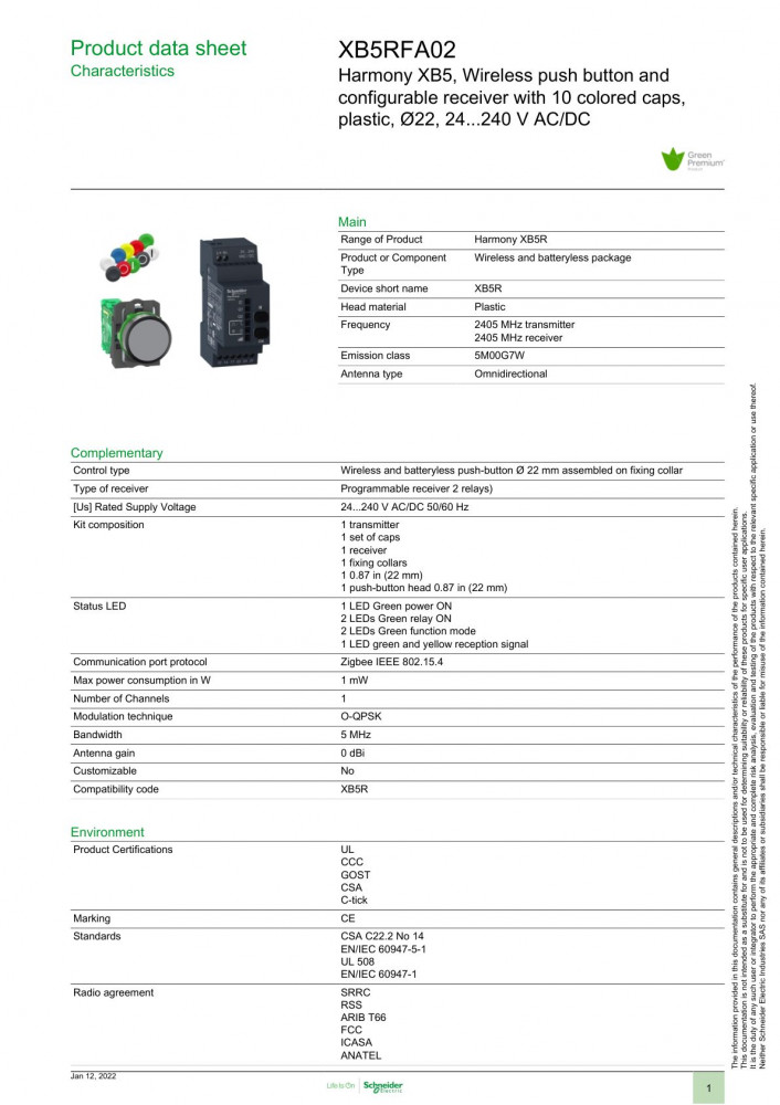 XB5RFA02 technical document page 1