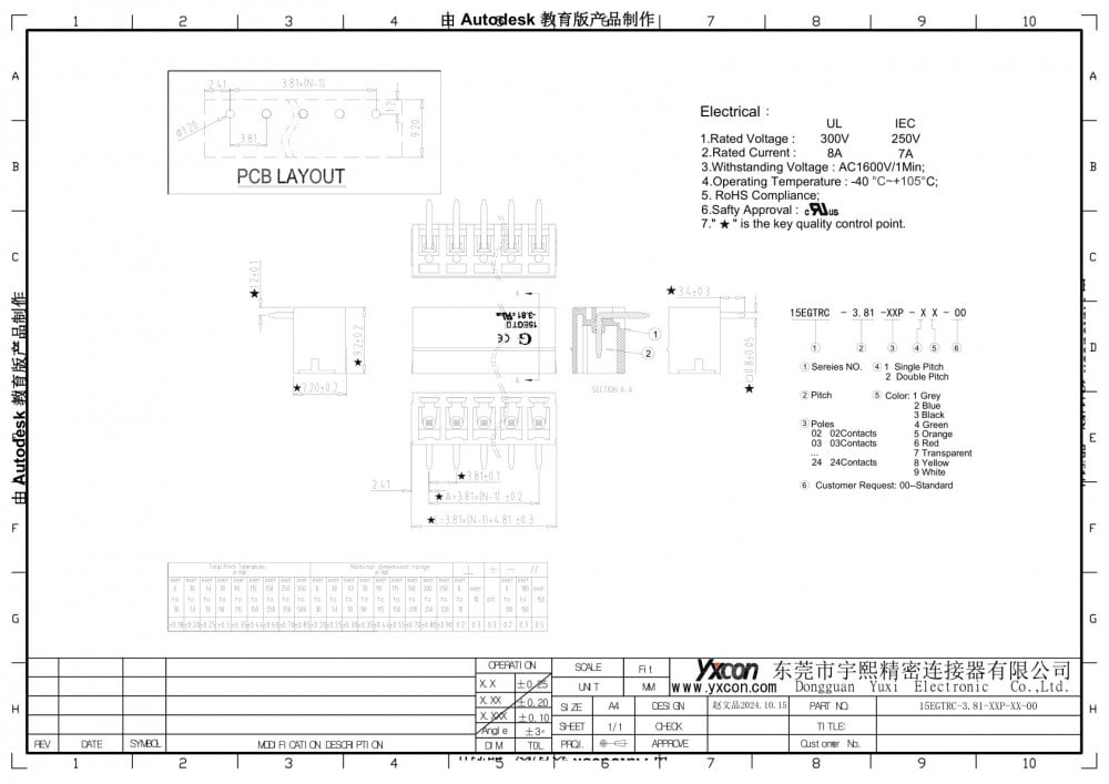 Yxcon 15EGTRC-3.81-07P-14-00 technical drawing and PCB layout