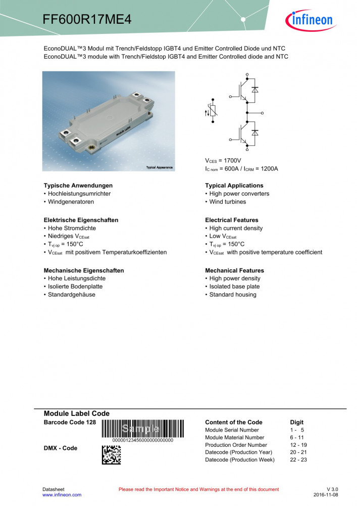 FF600R17ME4 datasheet page 1