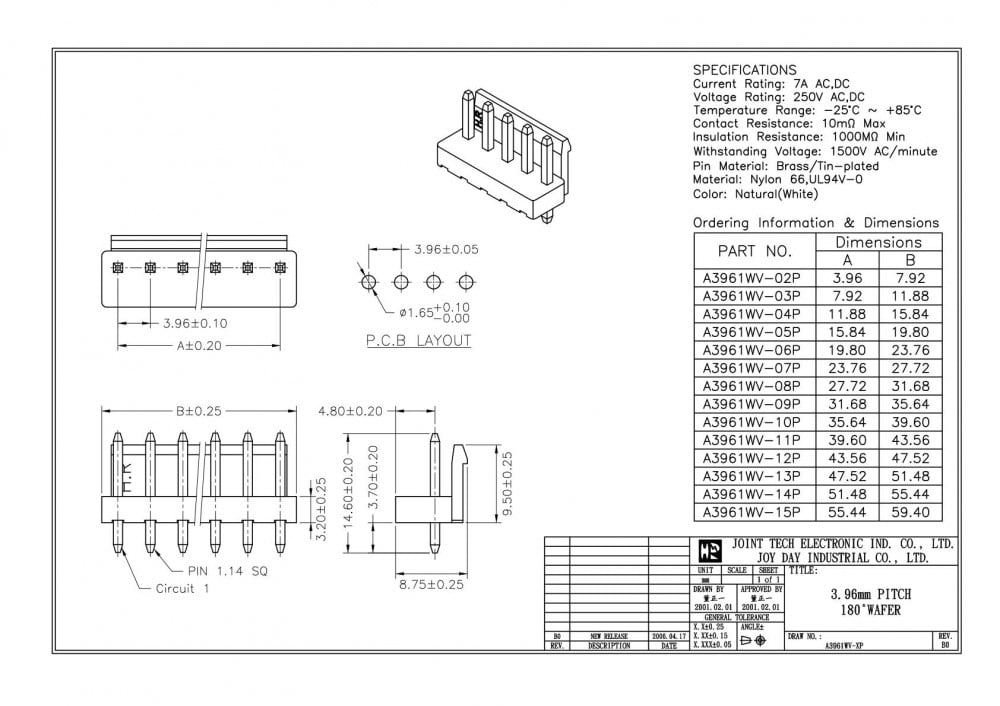 A3961WV-03P technical drawing and specification sheet