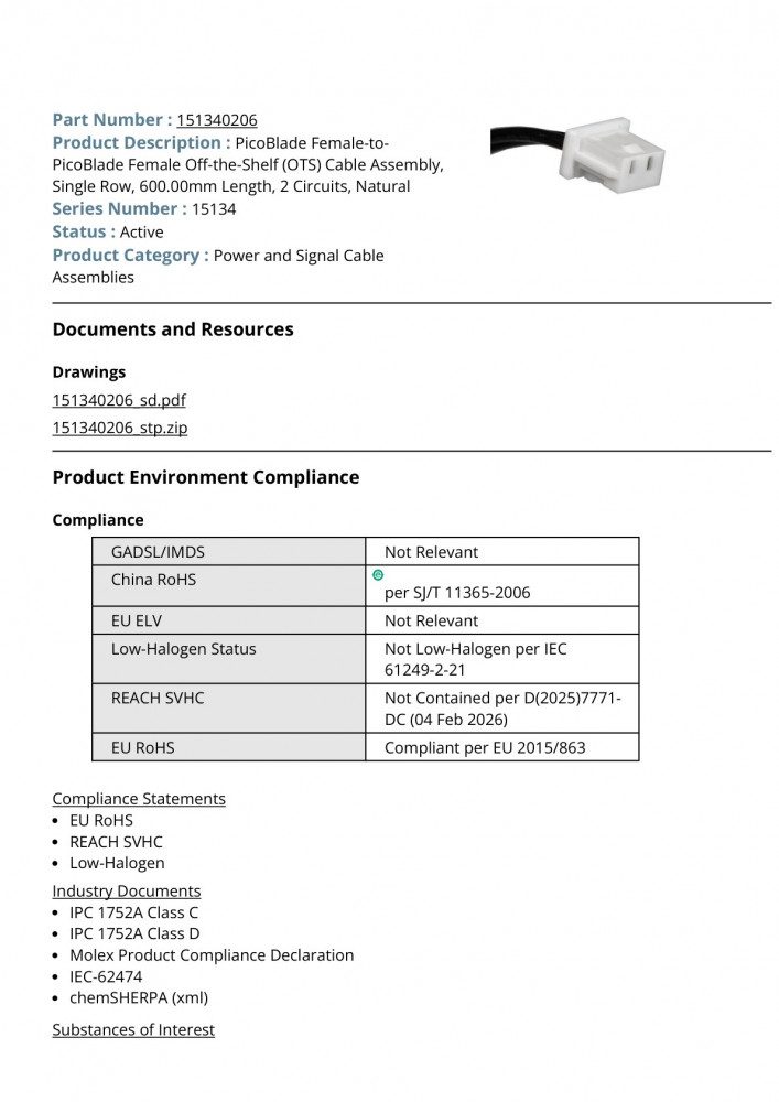 MOLEX 151340206 technical document, page 1