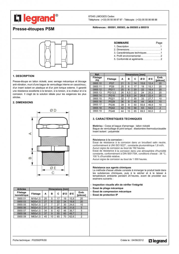 Legrand PSM cable gland technical document, page 1