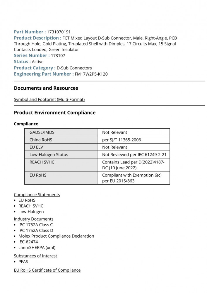 MOLEX 1731070191 technical document page 1