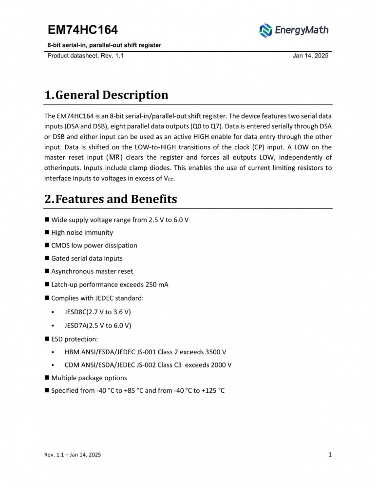 EM74HC164D datasheet page 1