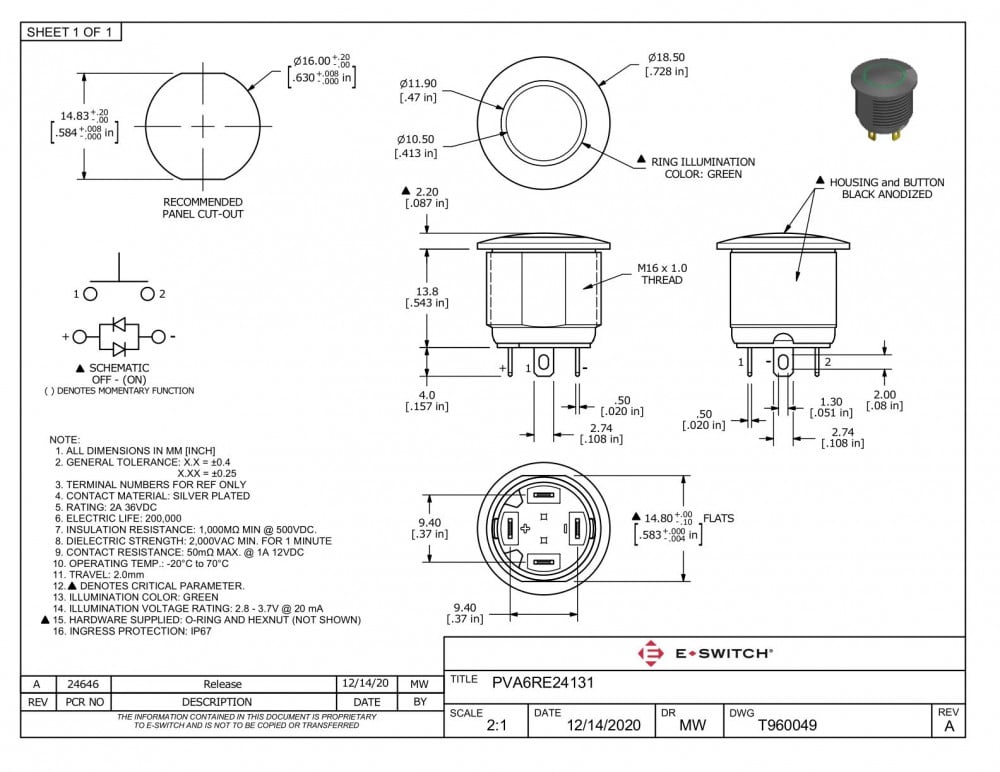 E-Switch PVA6RE24131 technical drawing page 1