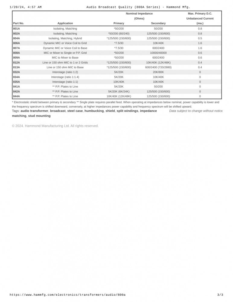 Hammond 800A series documentation page 3