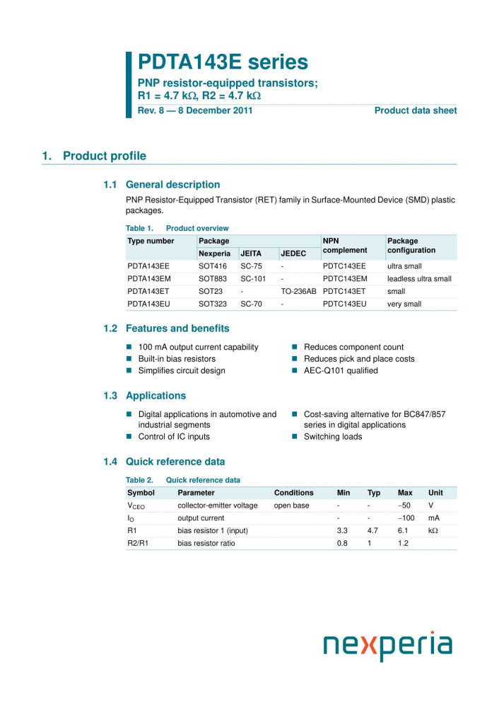 PDTA143ET technical document page 1