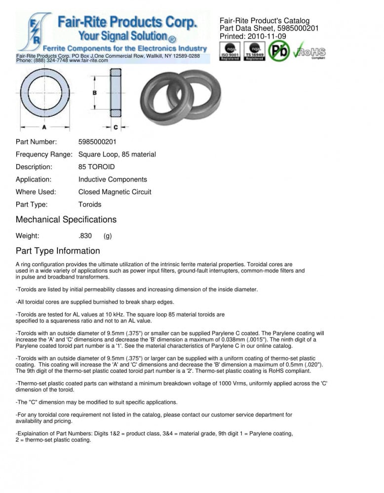 Fair-Rite 5985000201 technical document page 1