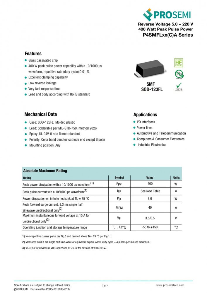 P4SMFL22CA datasheet page 1