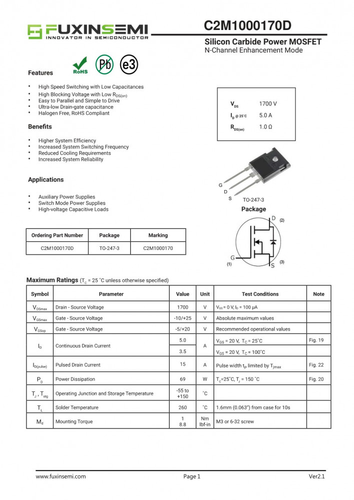 C2M1000170D datasheet page 1