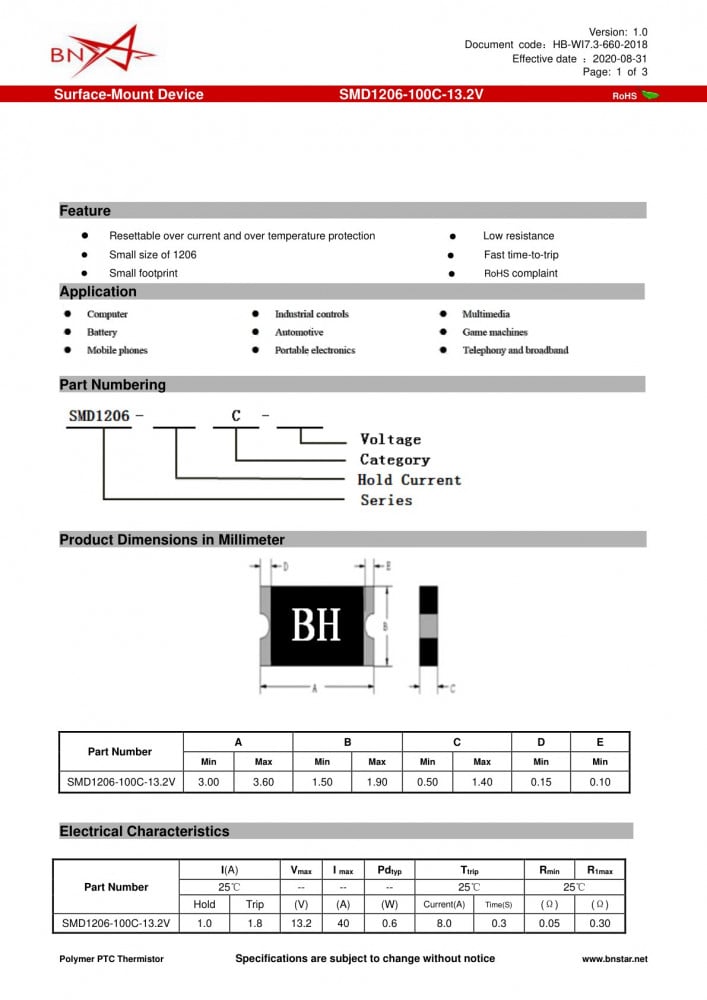 BNstar SMD1206-100C-13.2V datasheet page 1