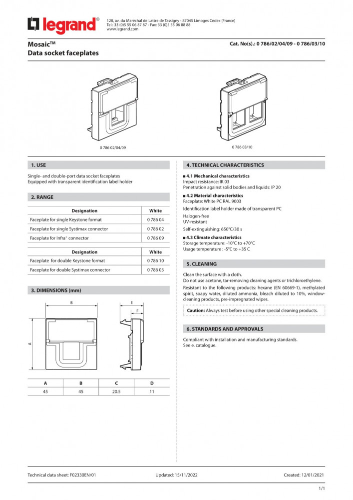 Legrand Mosaic data socket faceplate product document preview