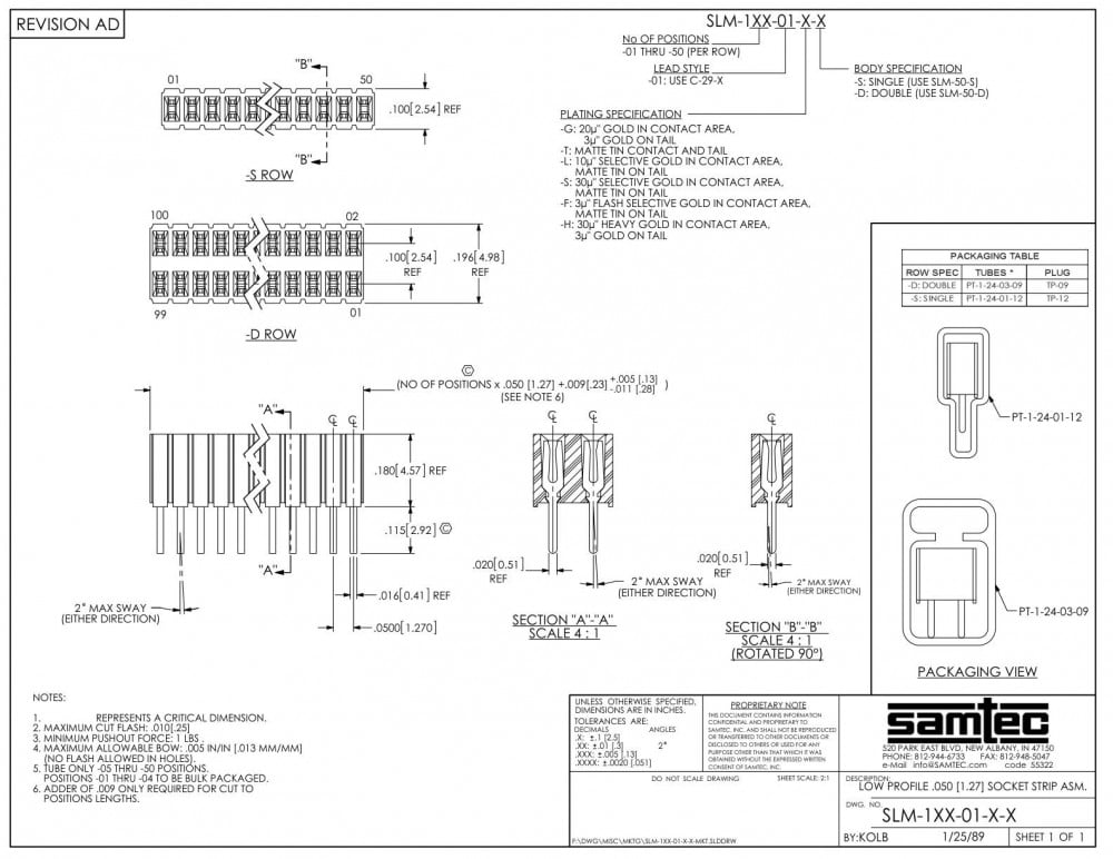 Samtec SLM-140-01-S-D technical drawing