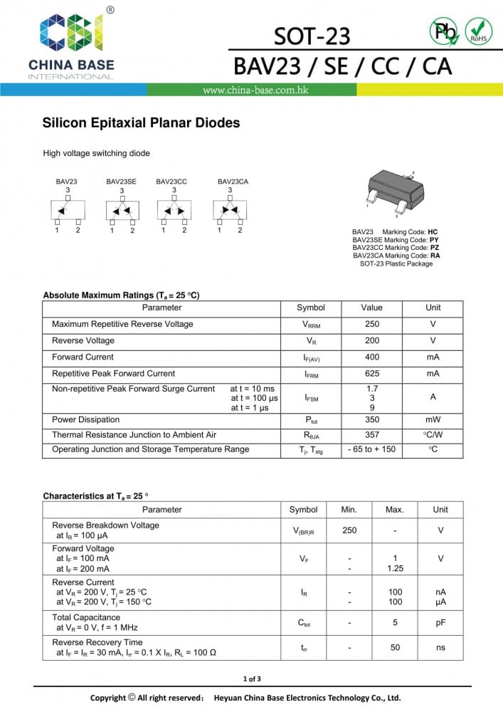 BAV23SE datasheet page 1