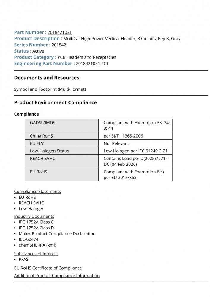 Product document page 1 for MOLEX 2018421031
