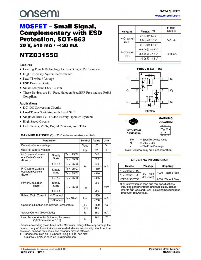 NTZD3155CT1G datasheet page 1