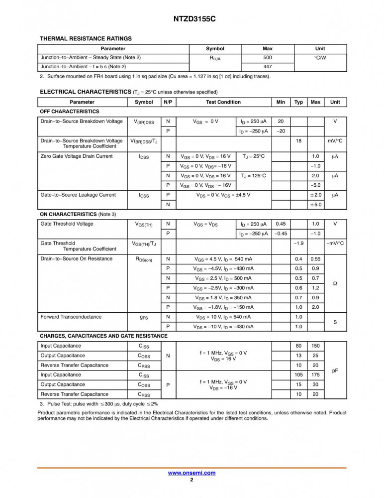NTZD3155CT1G datasheet page 2