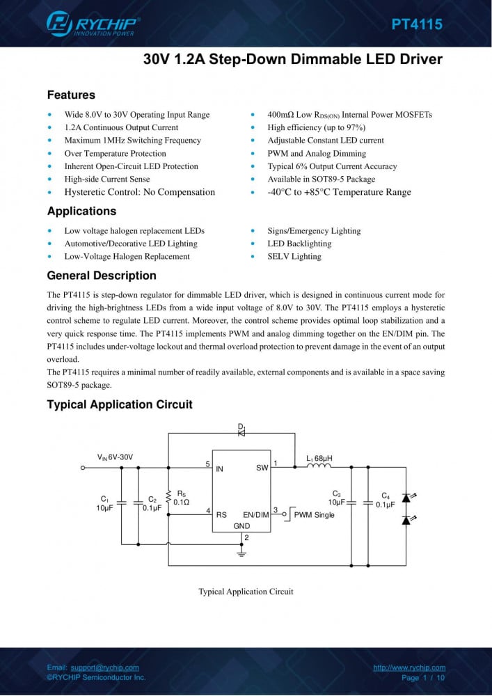 PT4115 datasheet page 1
