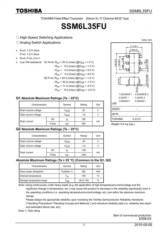 SSM6L35FU datasheet page 1