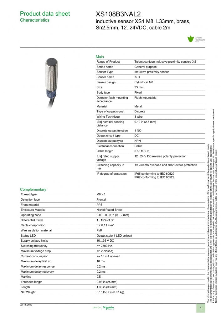 XS108B3NAL2 product data sheet page 1