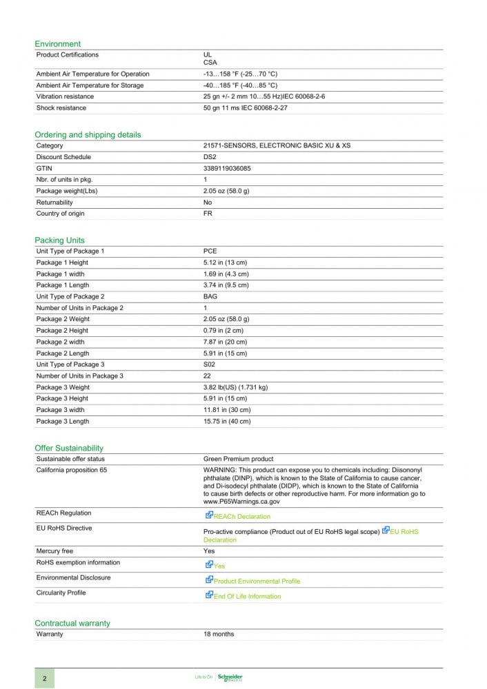 XS108B3NAL2 product data sheet page 2
