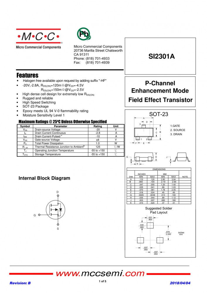 SI2301A-TP datasheet page 1