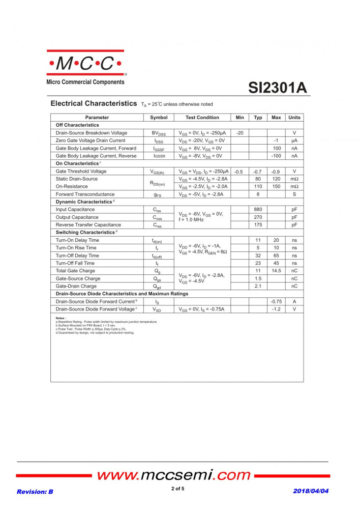 SI2301A-TP datasheet page 2