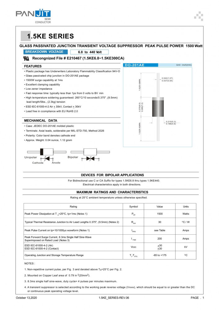 PANJIT 1.5KE series datasheet page 1