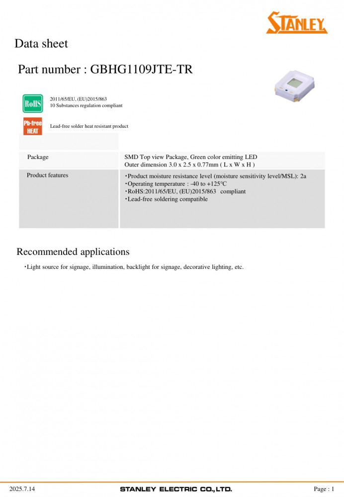 GBHG1109JTE datasheet page 1