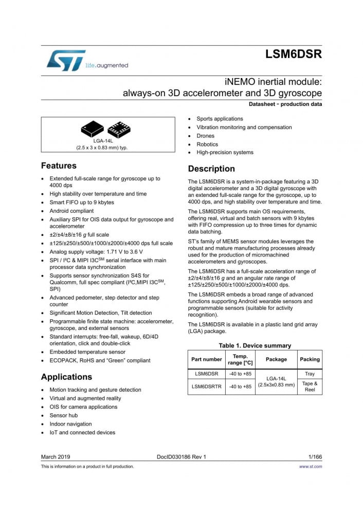 LSM6DSRTR datasheet page 1