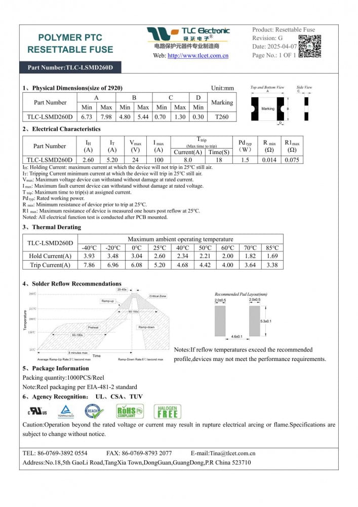 TLC-LSMD260D technical datasheet page