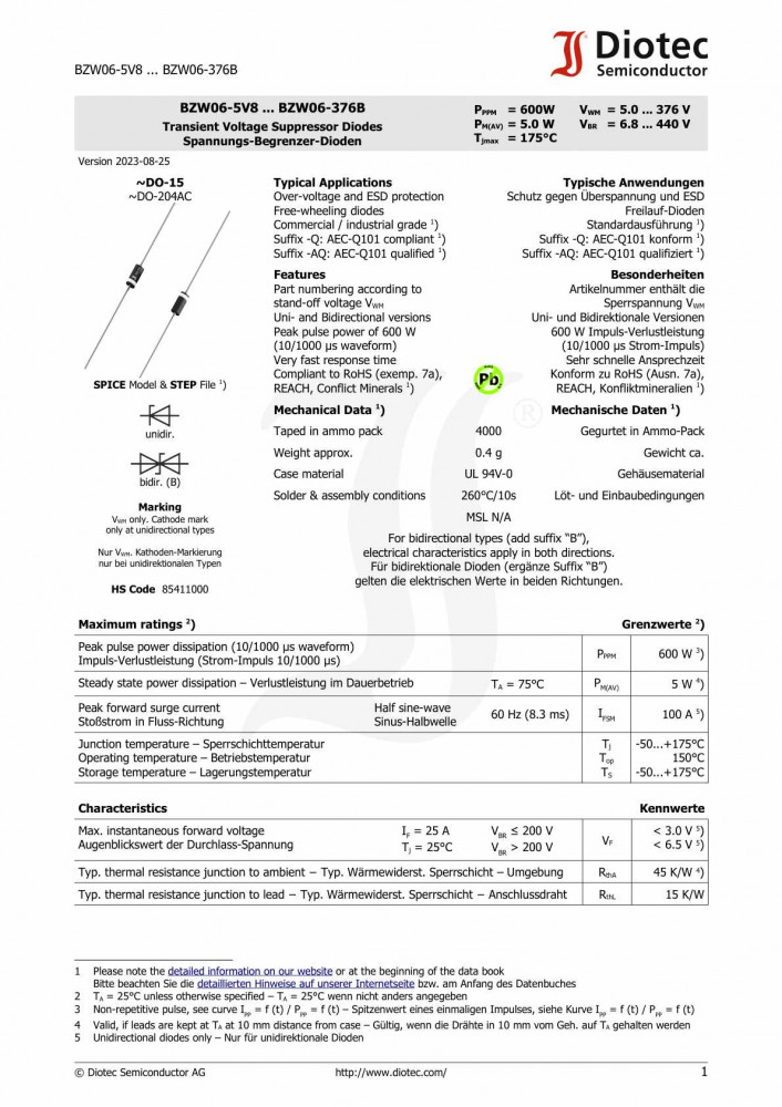 DIOTEC BZW06 datasheet page 1