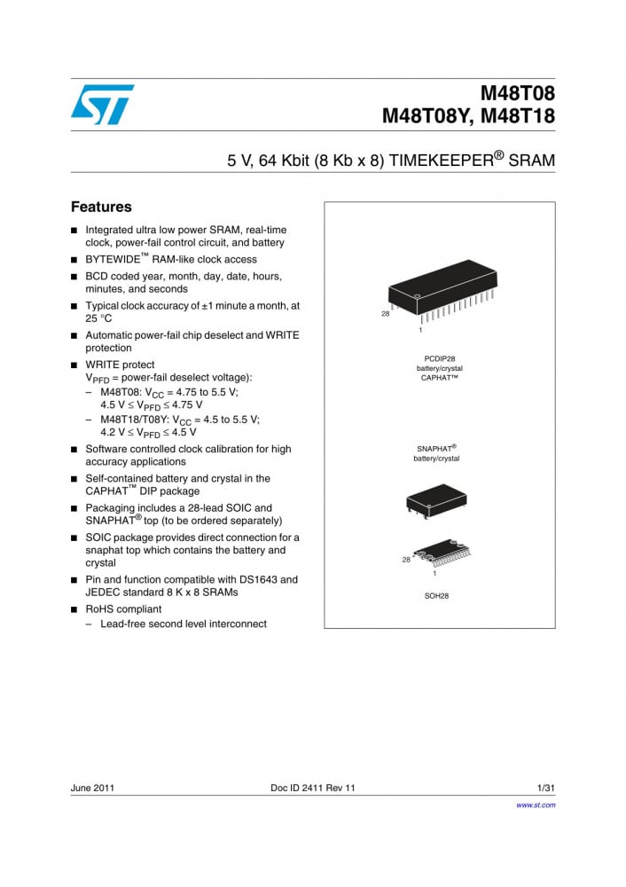 M48T18 datasheet page 1