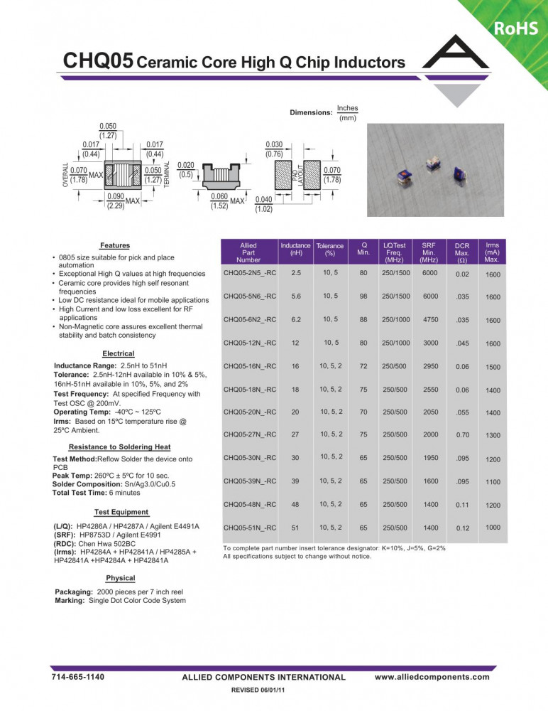 CHQ05 ceramic core high-Q chip inductors technical document