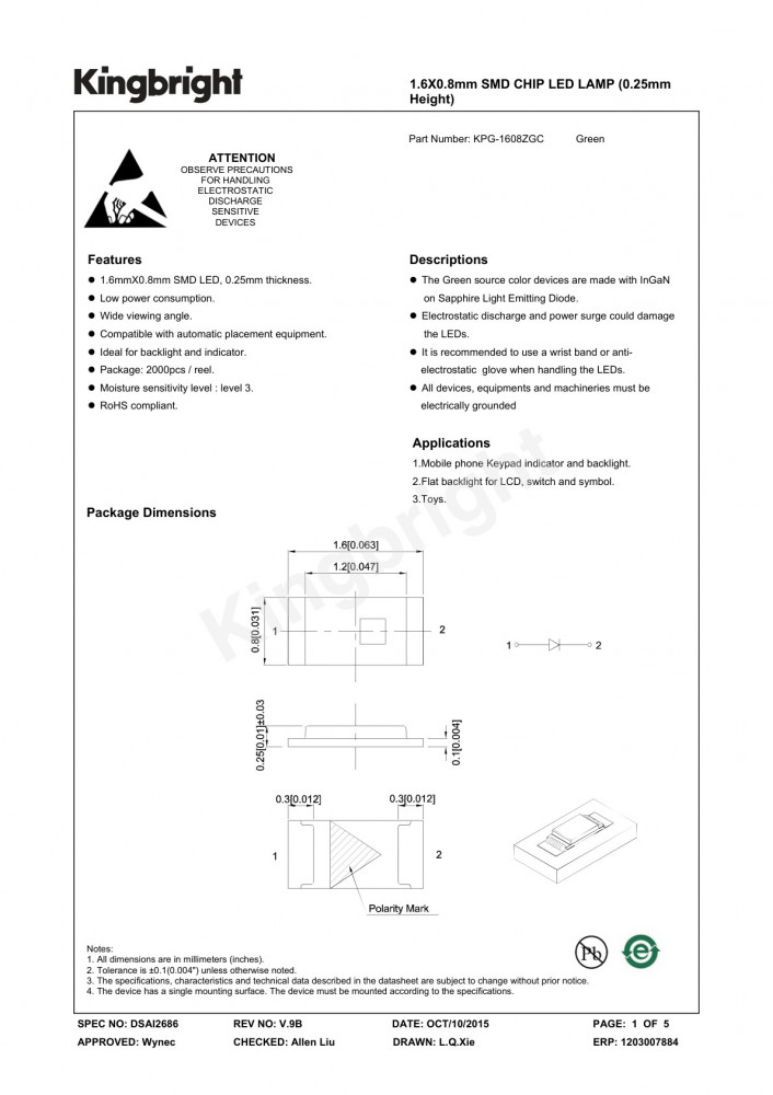 KPG-1608ZGC datasheet page 1
