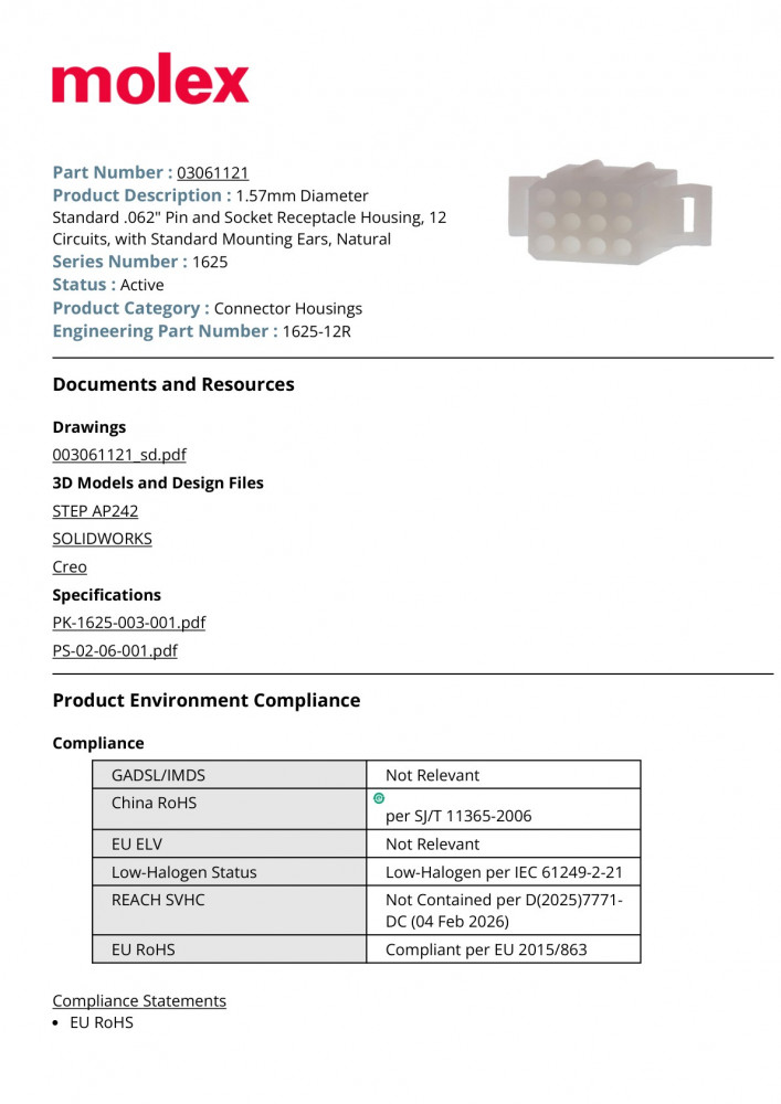 Molex 0.062-inch miniature terminal specification, page 1