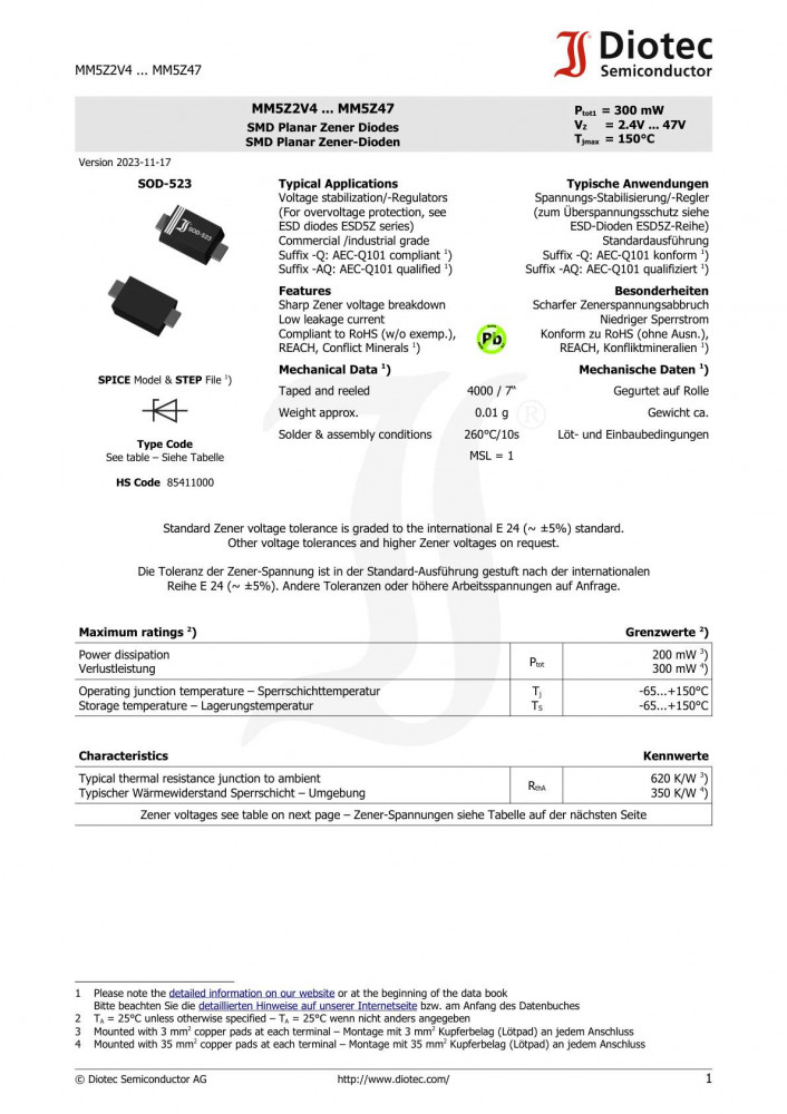 DIOTEC MM5Z11 datasheet page 1